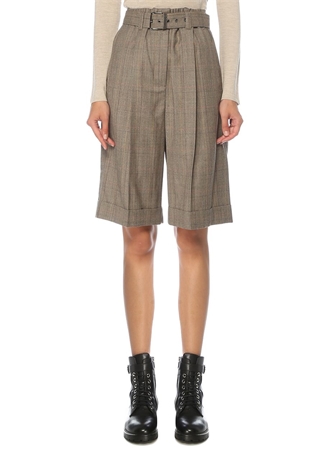 Brunello Cucinelli Kadın Bej Yüksek Bel Ekoseli Bol Paça Yün Şort 36 IT
