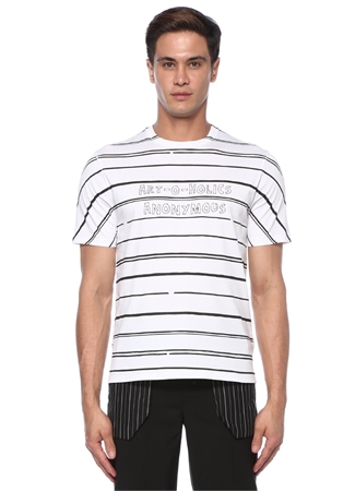 Neil Barrett Erkek Siyah Beyaz Çizgi Desenli Slogan Baskılı T-shirt S EU