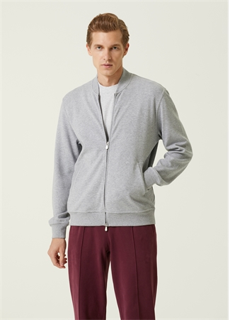 Brunello Cucinelli Erkek Gri Dik Yaka Fermuarlı Sweatshirt M EU
