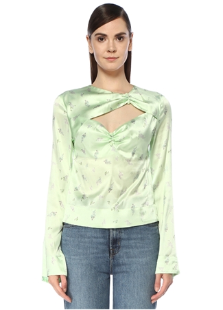 Ganni Kadın Yeşil Çiçek Desenli Asimetrik İpek Saten Bluz 36 FR