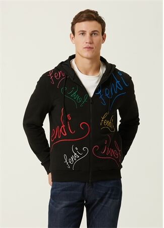 Fendi Erkek Siyah Kapüşonlu Logolu Sweatshirt M EU