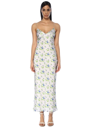 Bernadette Kadın Mavi V Yaka İnce Askılı Çiçekli Maksi İpek Elbise 36 IT