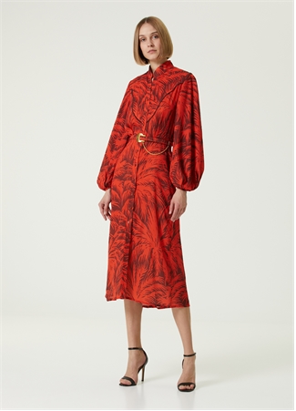 Johanna Ortiz Kadın Kırmızı Dik Yaka Desenli Kemerli Midi Elbise 2 US