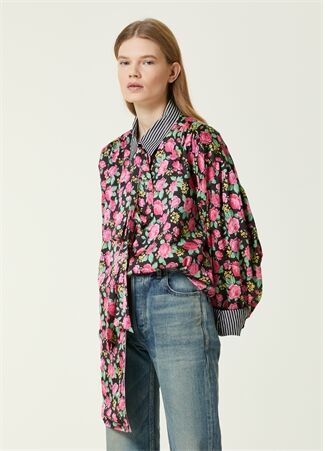 Balenciaga Kadın Siyah Şeftali Çift Taraflı Çiçekli Çizgili Bluz Pembe US