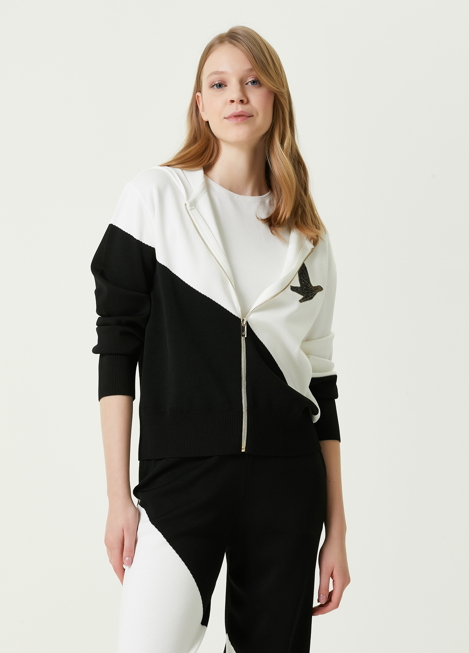 Beymen Club - Black and White Hooded Stone Embellished Logo Cardigan