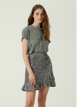 Beymen Club Kadın Haki Bisiklet Yaka Yıldız Baskılı T-shirt XS