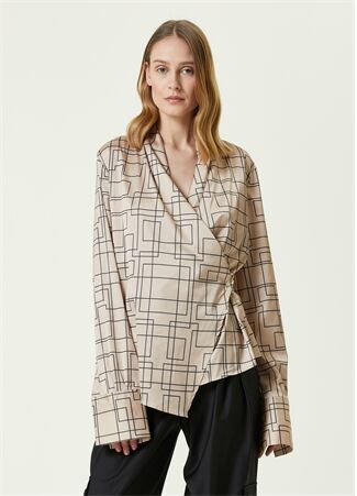 Muse For All Kadın Luiza Bej Desenli Asimetrik Kruvaze Gömlek Altın Rengi 36 EU