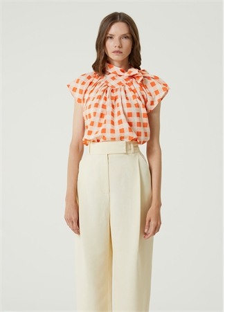 Victoria by Beckham Kadın Turuncu Beyaz Kareli Kısa Kol Bluz 0 US Victoria by Beckham Kadın Turuncu Beyaz Kareli Kısa Kol Bluz 0 US