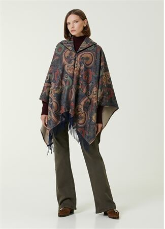 Etro Kadın Colorblocked Şal Desenli Yün Pelerin Lacivert EU