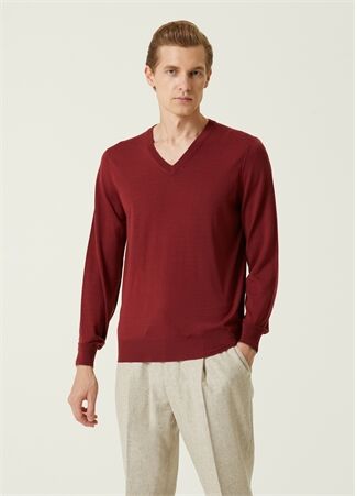 Brunello Cucinelli Erkek Bordo V Yaka Yün Kazak 52 IT