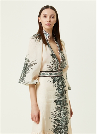 Zimmermann Kadın Krem Dik Yaka Çiçekli Balon Kol Bluz Yeşil 0 Us