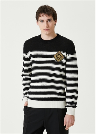 Balmain Erkek Siyah Beyaz Çizgili Logolu Kazak M EU Balmain Erkek Siyah Beyaz Çizgili Logolu Kazak M EU