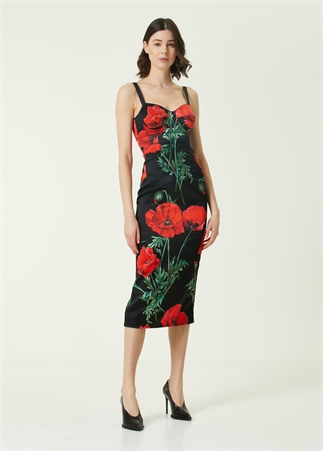 Dolce&gabbana Kadın Siyah Kırmızı Çiçekli Midi İpek Kalem Elbise 38 It