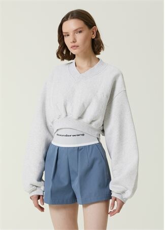 Alexander Wang Kadın Gri V Yaka Crop Sweatshirt M EU