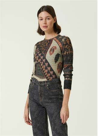 Etro Kadın Bej Bisiklet Yaka Jakarlı Yün Kazak 42 IT