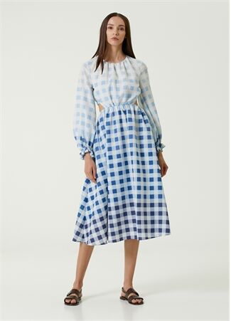 Staud Kadın Mavi Degrade Kareli Midi Elbise XS EU