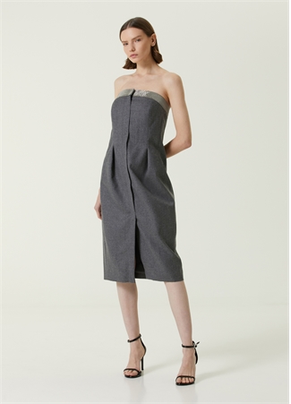 Brunello Cucinelli Kadın Gri Straplez İşlemeli Midi Yün Elbise S EU