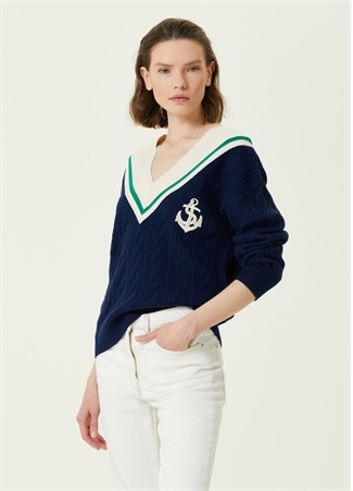Sandro Kadın Lacivert Beyaz V Yaka Saç Örgü Yün Kazak Mavi 0 Us Sandro Kadın Lacivert Beyaz V Yaka Saç Örgü Yün Kazak Mavi 0 Us