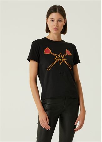 Academia Kadın Siyah Bisiklet Yaka Gül Baskılı T-shirt S