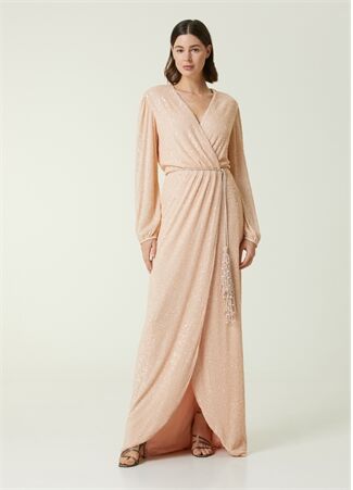 Maison Kairos Kadın Somon V Yaka İşlemeli Maksi Abiye Elbise Pembe 38 EU