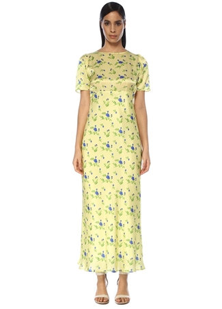 Bernadette Kadın Sarı Çiçekli Kısa Kol Maksi İpek Elbise 36 IT