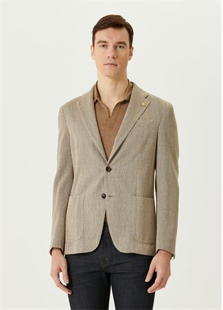 Lardini Erkek Bej Geometrik Desen Jakarlı Keten Ceket 48 IT
