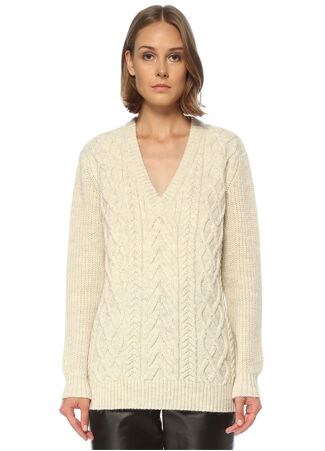 Beymen Collection Kadın Bej V Yaka Saç Örgü Dokulu Kazak Gri S