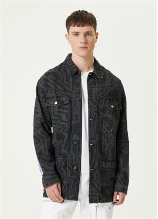 MCQ Erkek Siyah Logo Desenli Denim Gömlek L EU