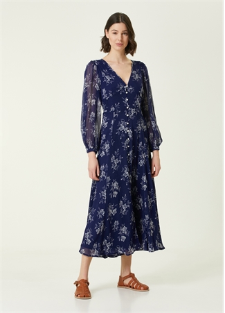 Polo Ralph Lauren Kadın Lacivert V Yaka Çiçekli Midi Elbise 2 Us