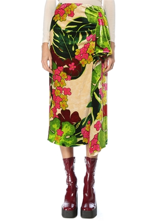 Dries Van Noten Kadın Yeşil Çiçekli Drapeli Midi Kadife Etek 40 FR