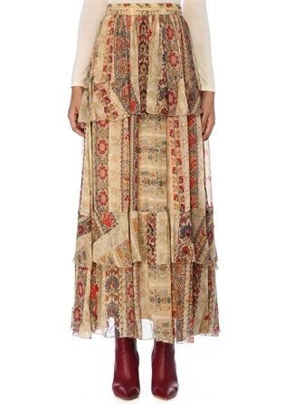 Etro Kadın Bej Etnik Desenli Volanlı Maksi İpek Etek 42 IT