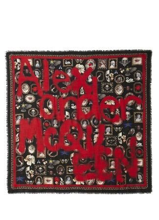 Alexander McQueen Kadın Kırmızı Siyah Desenli Yün Şal EU