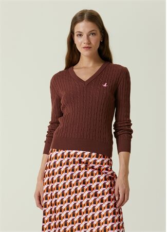 Beymen Club Kadın Kahverengi V Yaka Saç Örgü Yün Kazak S