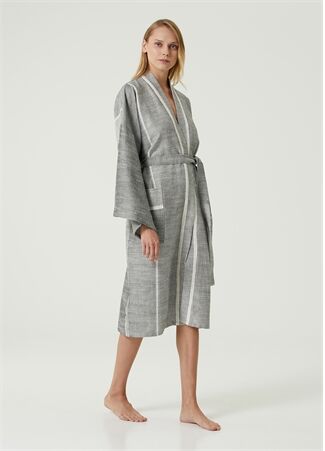 Blanc Şantuk Gri Şal Yaka Çizgili Bornoz