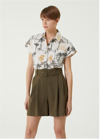 Beymen Club Kadın Ekru Çizgi Palmiye Desenli Organik Pamuk Gömlek Beyaz S