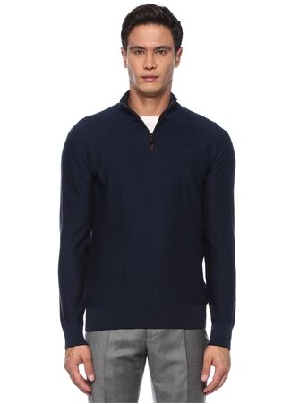 Zegna Erkek Lacivert Yakası Fermuarlı Dokulu Yün Kazak 52 IT