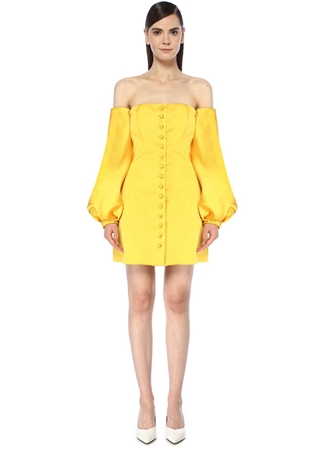 Sara Battaglia Kadın Sarı Straplez Balon Kol Mini Kokteyl Elbise 42 IT