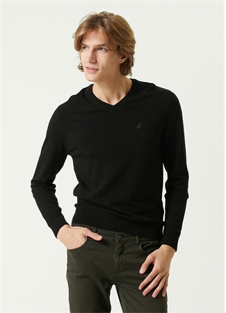 Beymen Club Erkek Siyah V Yaka Logo Detaylı Kazak S