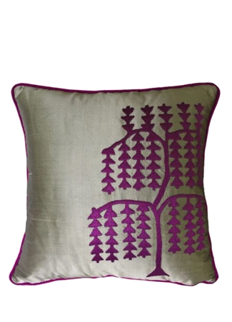 Atölye11 Mor Gri Hayat Ağacı Motifli İpek Dekoratif Yastık Çok Renkli
