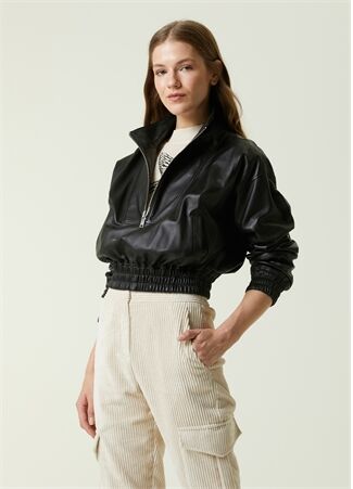 Beymen Club Kadın Siyah Dik Yaka Fermuarlı Deri Bluz XS