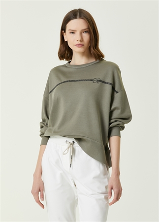 Brunello Cucinelli Kadın Haki Bisiklet Yaka Zincir Şeritli Sweatshirt S EU Brunello Cucinelli Kadın Haki Bisiklet Yaka Zincir Şeritli Sweatshirt S EU