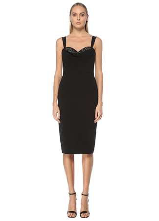 Marchesa Notte Kadın Siyah Kalp Yaka İşlemeli Midi Kokteyl Elbise 2 US