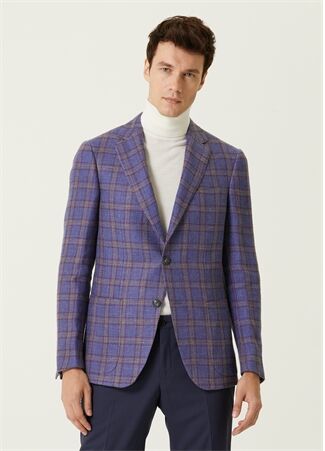 Pal Zileri Erkek Mavi Kareli Keten Ceket 50 IT