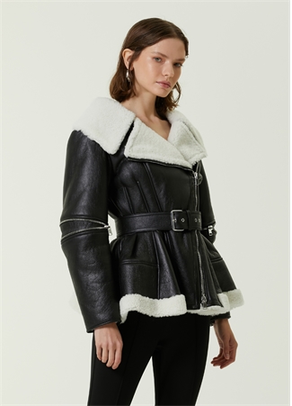 Alexander McQueen Kadın Siyah Beyaz Shearling Astarlı Deri Mont 42 IT Alexander McQueen Kadın Siyah Beyaz Shearling Astarlı Deri Mont 42 IT