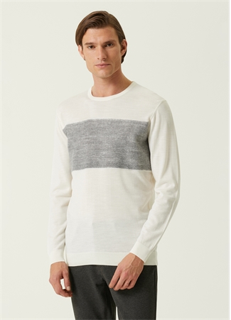 Network Erkek Slim Fit Ekru Göğsü Desenli Yün Kazak Bej M EU