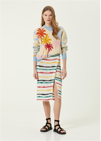 Alanui Kadın Beyaz Renkli Çizgili Yırtmaçlı Midi Etek S EU