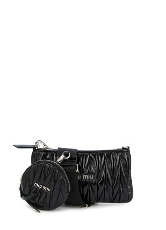 Miu Kadın Siyah Drapeli Logolu Deri Omuz Çantası EU
