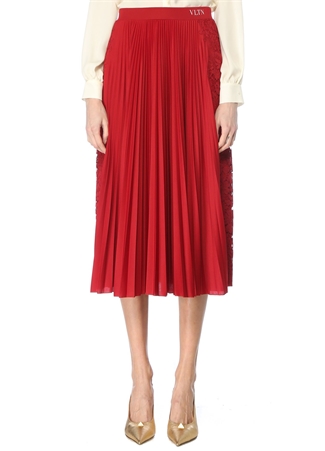 Valentino Kadın VLTN Kırmızı Pilili Dantel Garnili Midi Etek M EU