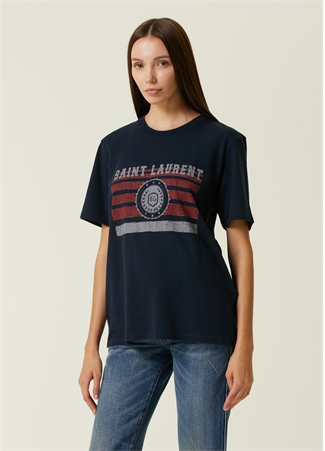 Kadın Lacivert Bisiklet Yaka Logolu T-shirt L EU