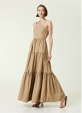 Brunello Cucinelli Kadın Bej Zincir Şeritli Tek Omuzlu Maksi Elbise S EU Brunello Cucinelli Kadın Bej Zincir Şeritli Tek Omuzlu Maksi Elbise S EU